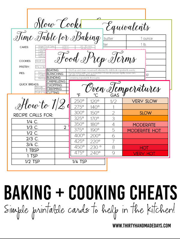 Printable Baking and Cooking Cheats from Thirty Handmade Days