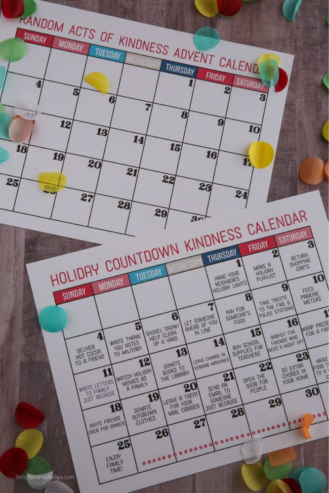 Kindness Christmas Countdown Calendar Printable from 30daysblog