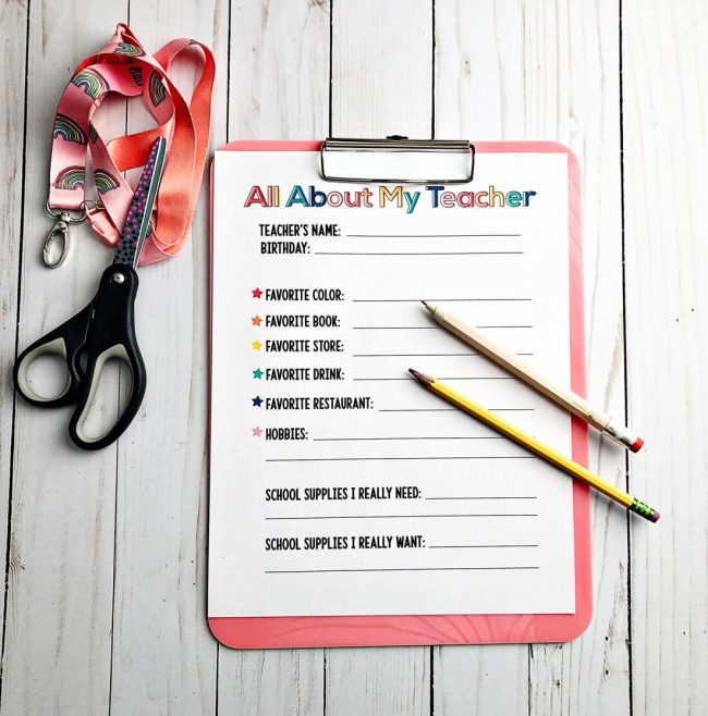 All About My Teacher Printable for Gifts - Thirty Handmade Days