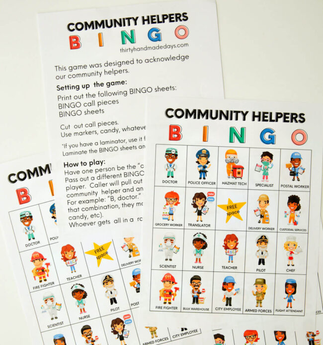 Printable Community Helpers BINGO from 30daysblog
