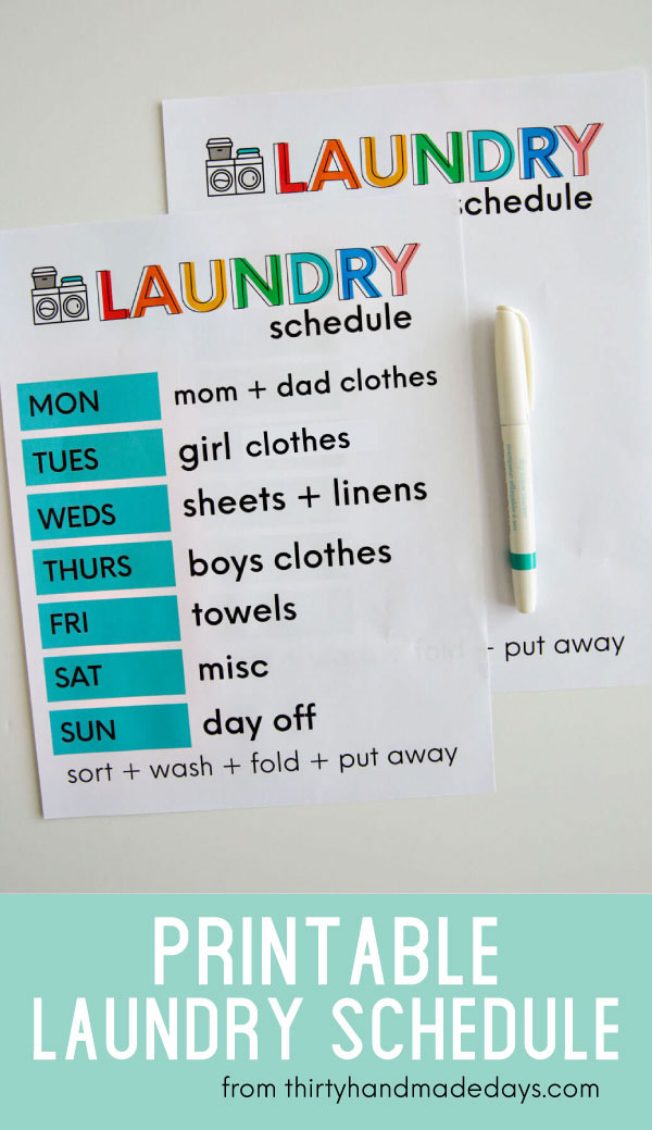 Printable Laundry Day Schedule from Thirty Handmade Days
